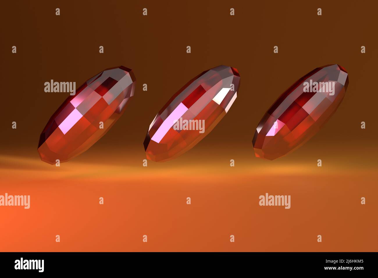 Red crystals. Levitation. Three multifaceted stones shine. 3D render ...