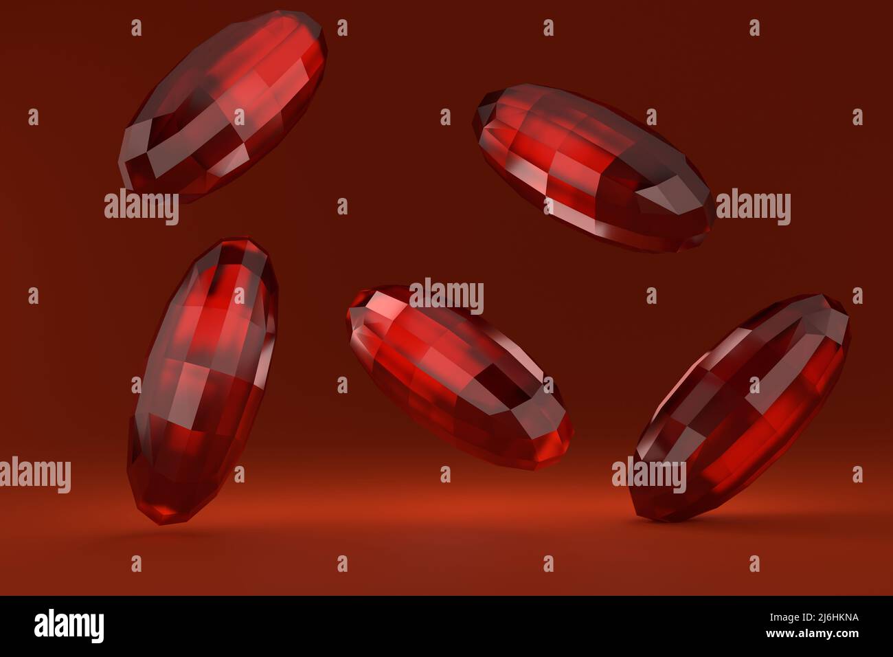 Red crystals levitation on a red background. Glowing prisms. 3D render ...