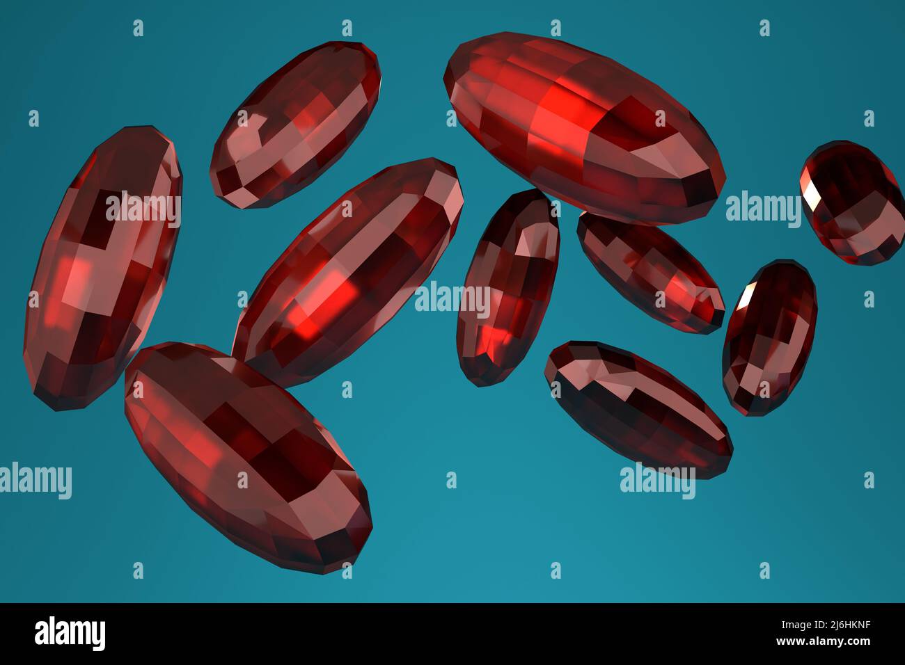 Red crystals levitation on purple background. Glowing prisms. 3D render ...