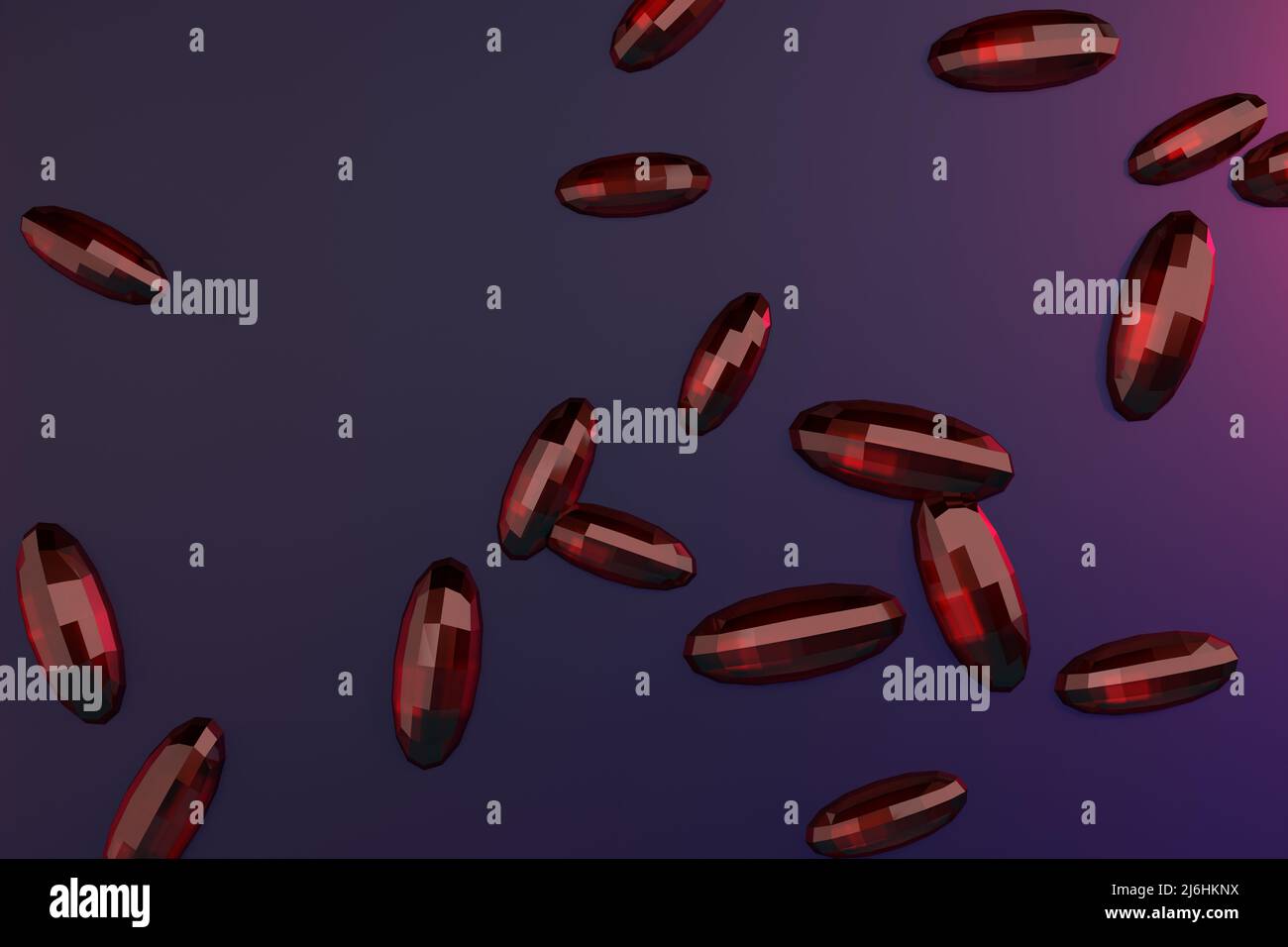 Red crystals levitation on purple background. Glowing prisms. 3D render ...