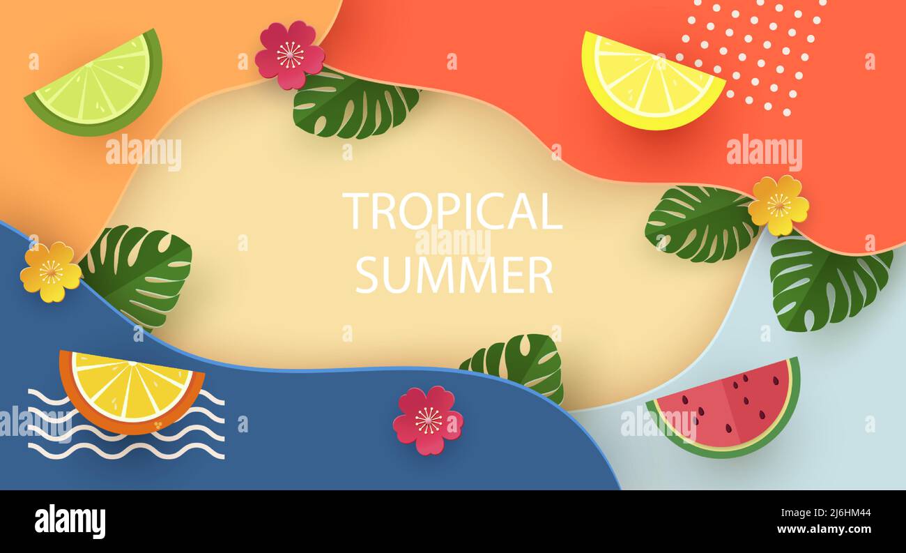 Tropical summer. Horizontal banner with tropical leaves, plants, trendy ...