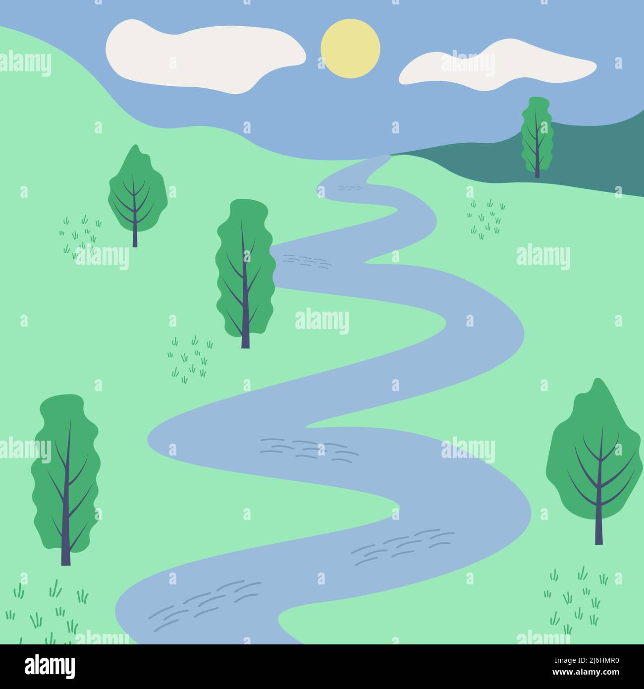 Landscape simple vector illustration with curvy river Stock Vector ...