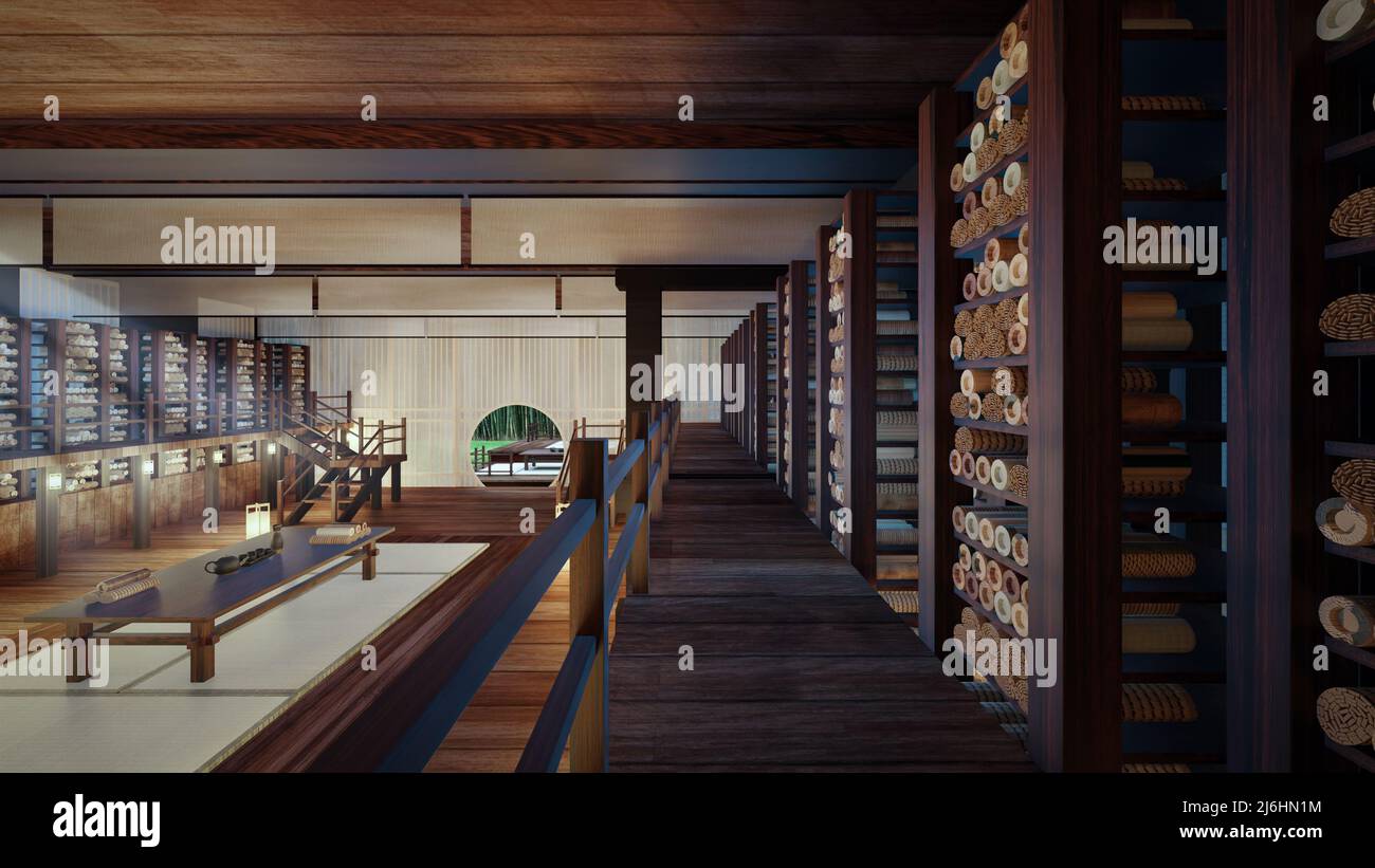 3D Rendering of an Ancient Chinese Bamboo Scroll Book Library Stock ...