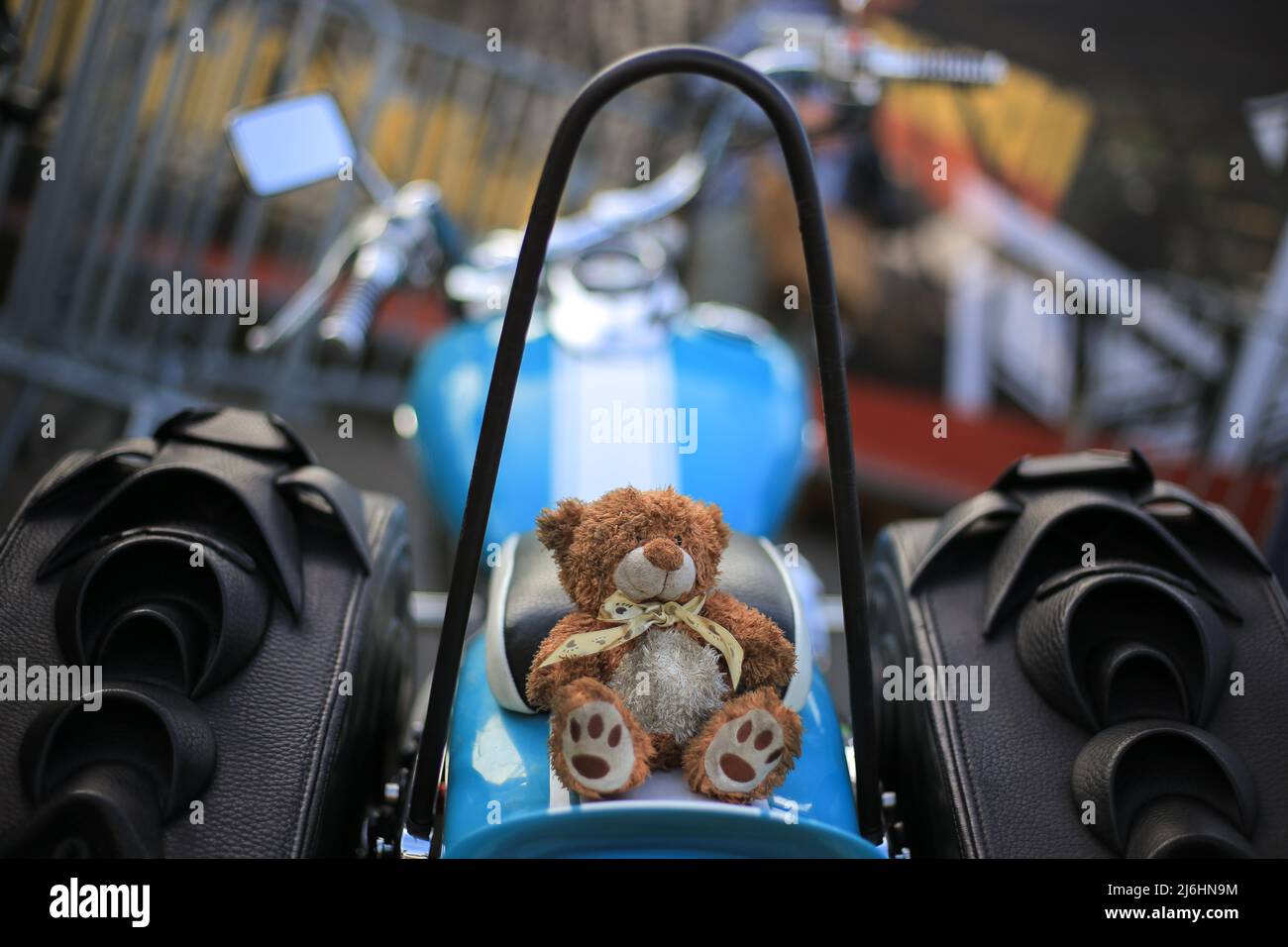 Cute teddy bear toy travels on a motorcycle Stock Photo - Alamy