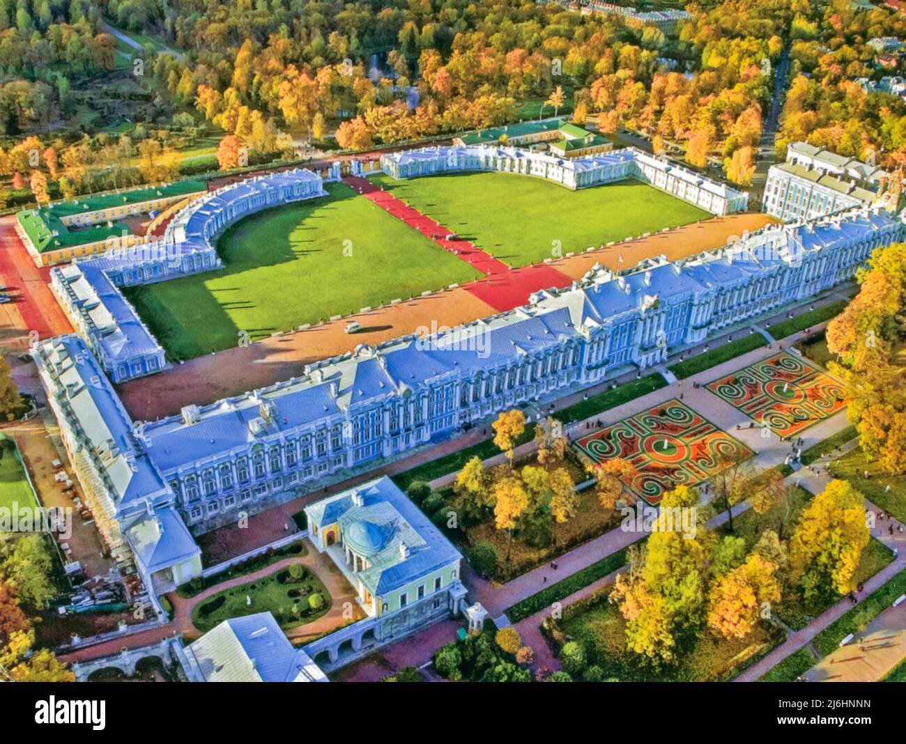 A post card of an aerial view of The Catherine Palace a Rococo palace ...