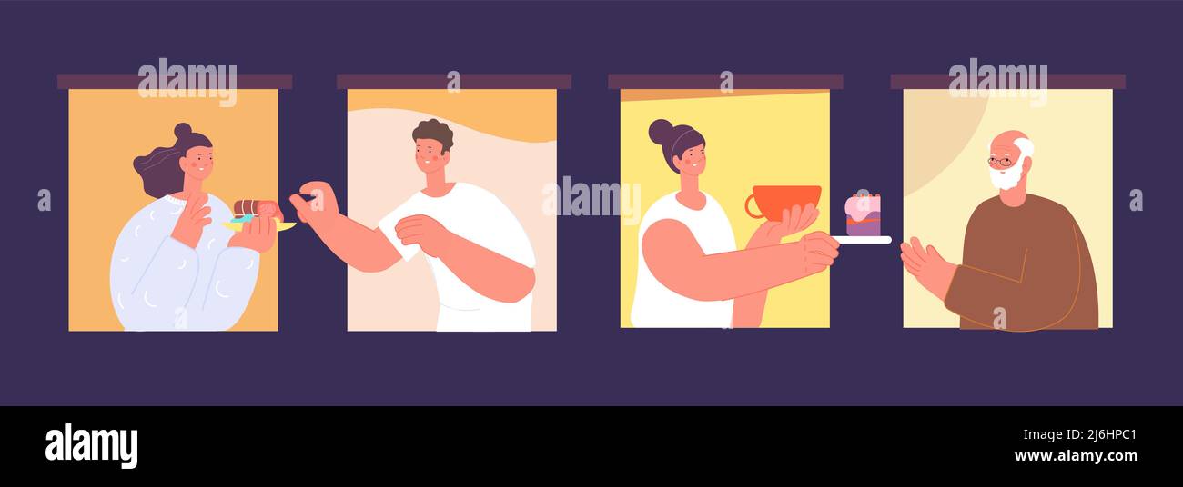 People sharing food. Festive time, support and helping. Students, adult ...