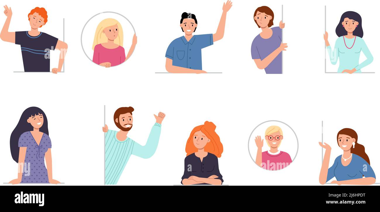 Curious adults characters. People smile, happy and curiosity face ...