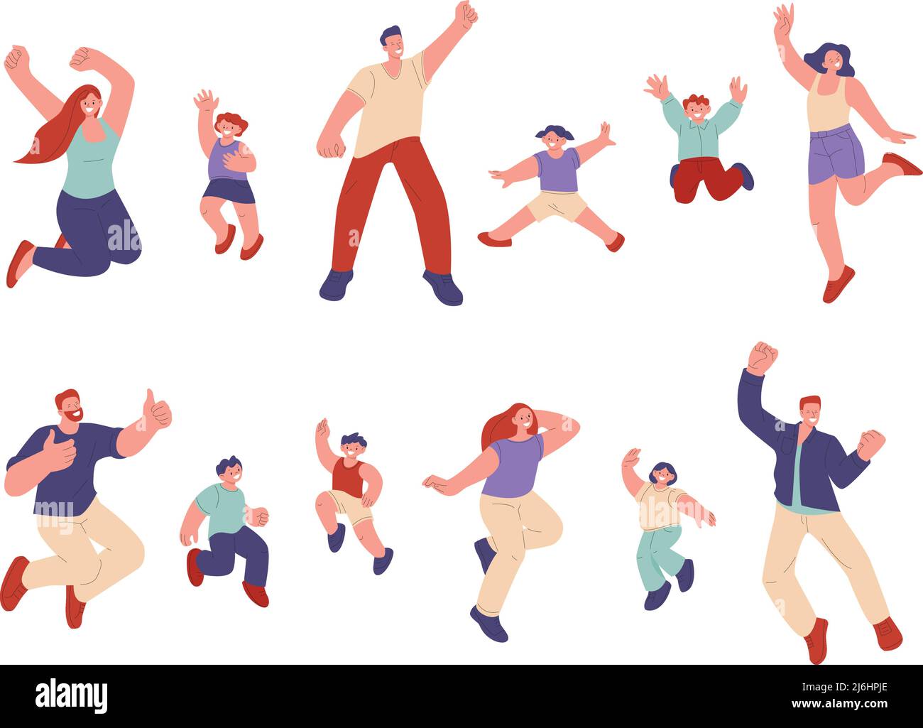 Joyful family. Happy jump person, people celebration. Active excited ...