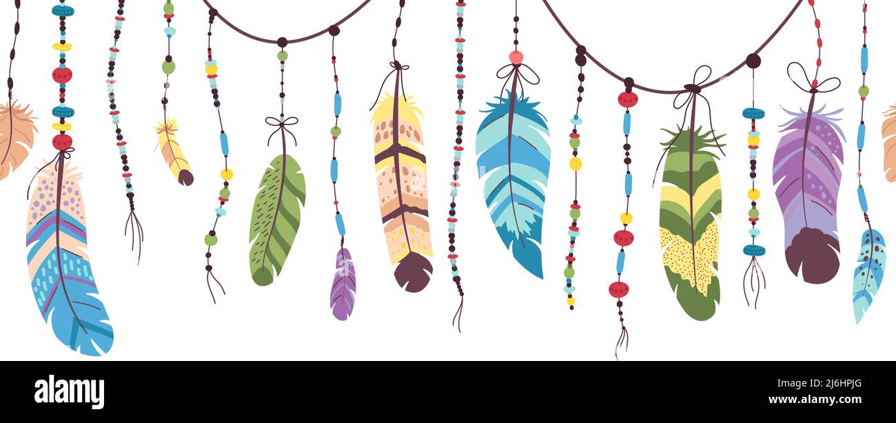Tribal feather banner. Aztec feathers seamless pattern with beads ...
