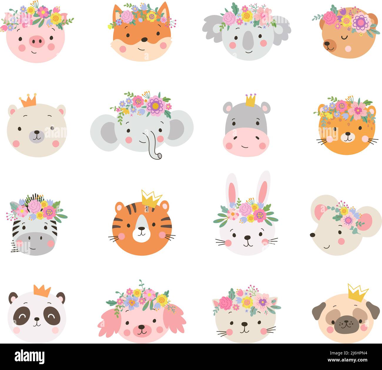 Animal princesses in crown. Floral crowns on princess, queen dog cat ...