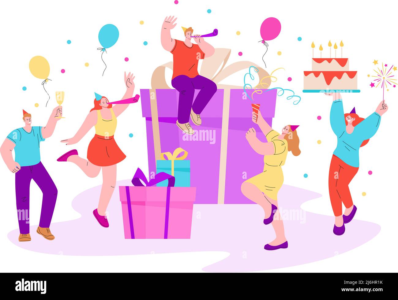 Birthday party people. Woman man dancers celebration with balloons ...