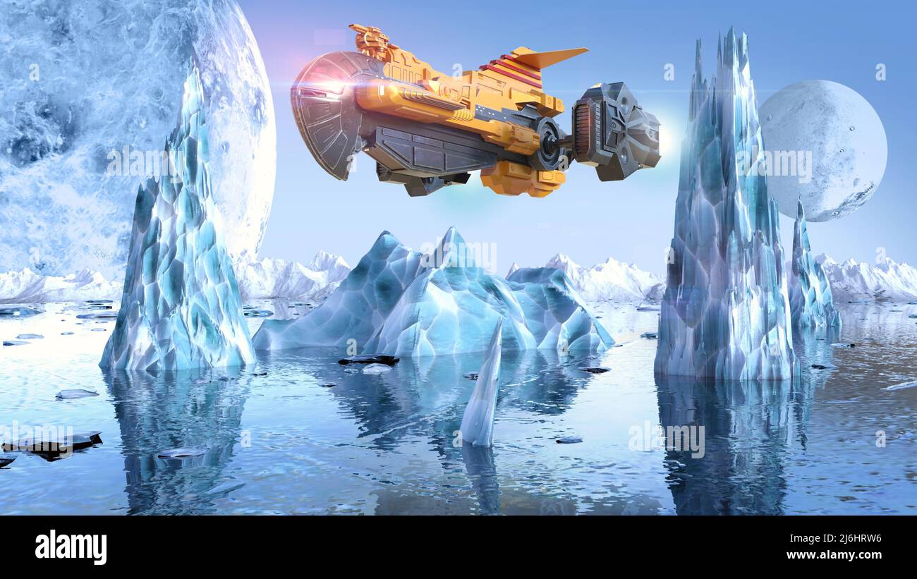 Futuristic spaceship flying across an alien ice planet landscape, 3d ...