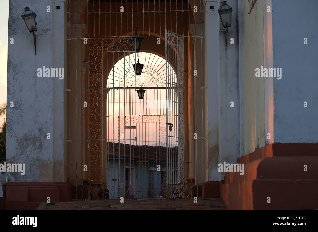 The entrance gate to the church of Santissima Trinidad at sunset, Cuba ...