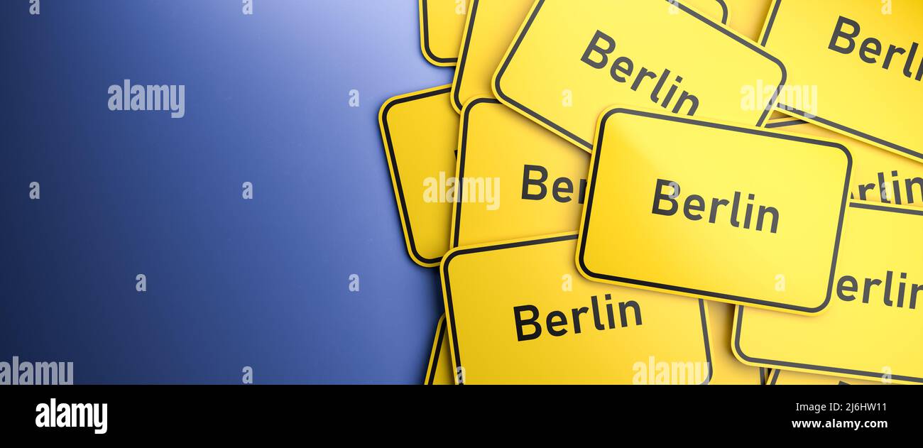Multiple Berlin city limit signs on a heap. Berlin is the largest ...