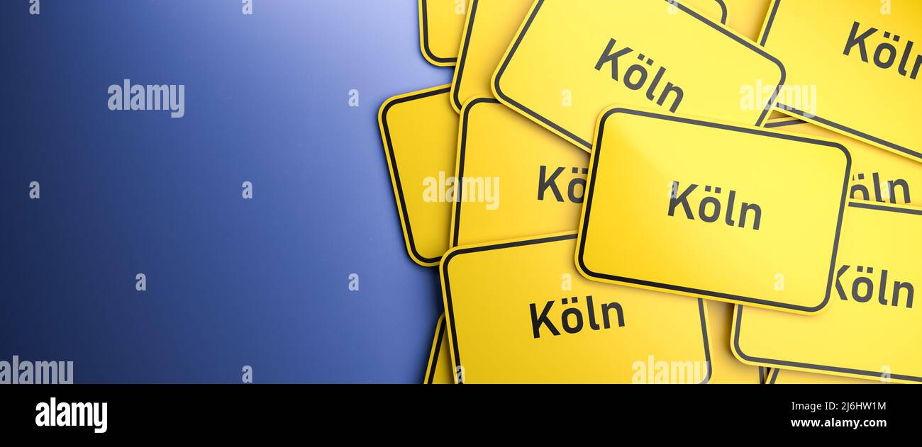 Multiple Köln / Cologne city limit signs on a heap. Köln is the largest ...