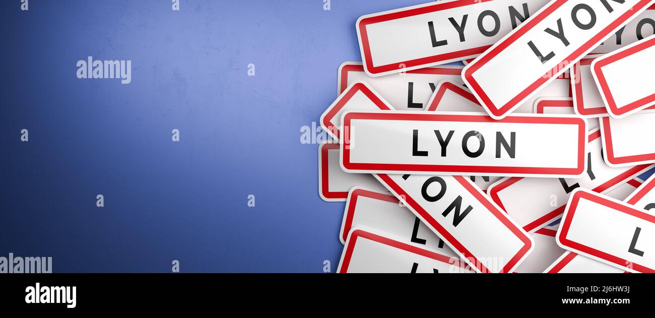 Multiple Lyon city-limit signs on a heap. Lyon is located in the ...