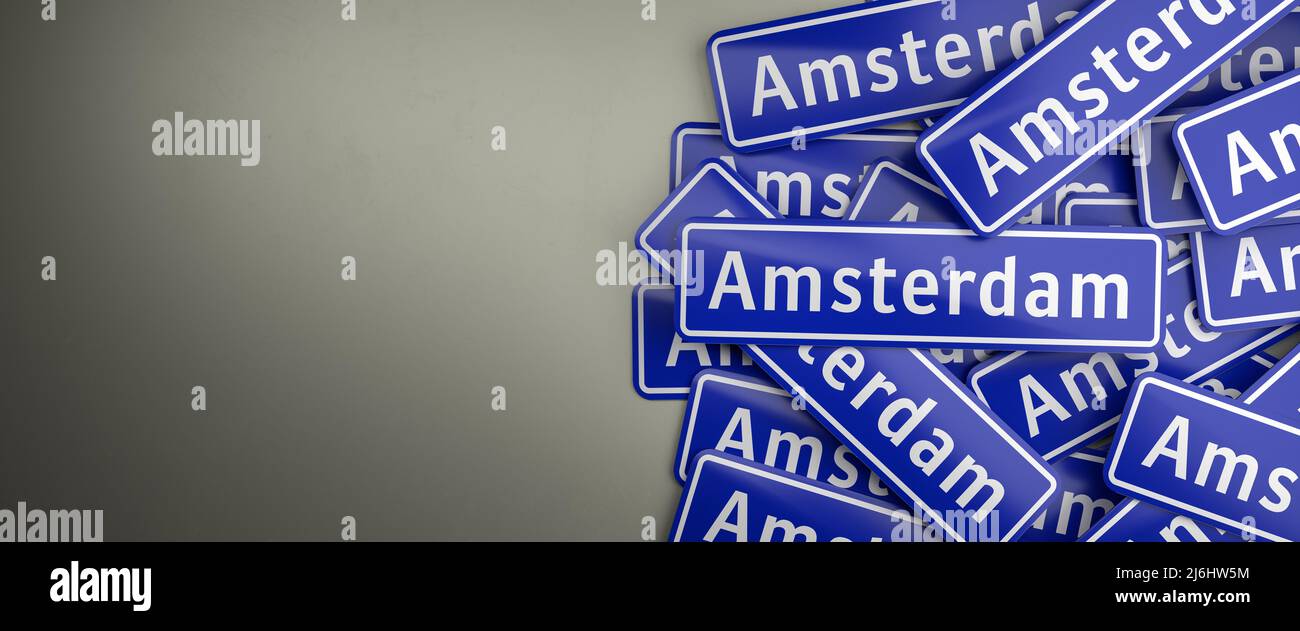 Multiple Amsterdam city limit signs on a heap. Amsterdam is the largest ...