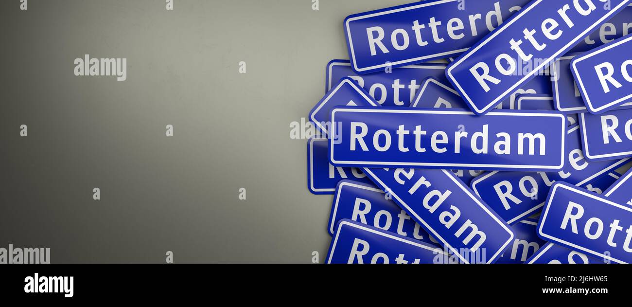 Multiple Rotterdam city limit signs on a heap. Rotterdam is the second ...