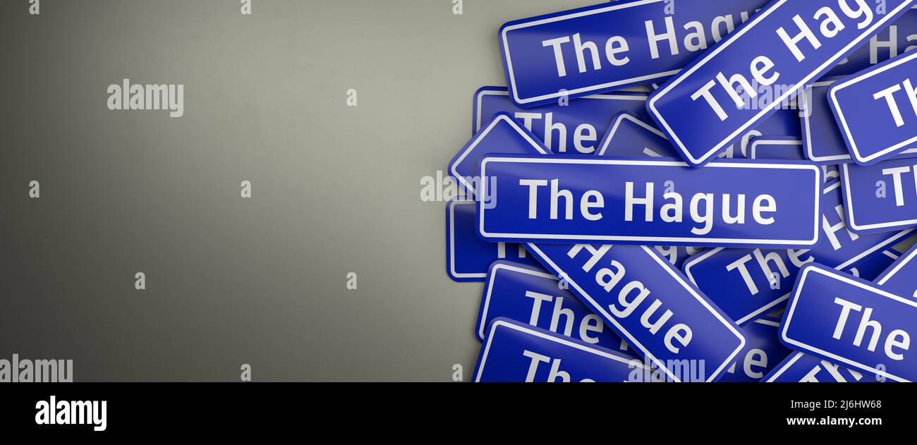 Multiple "The Hague" city limit signs on a heap. The Hague / Den Haag ...