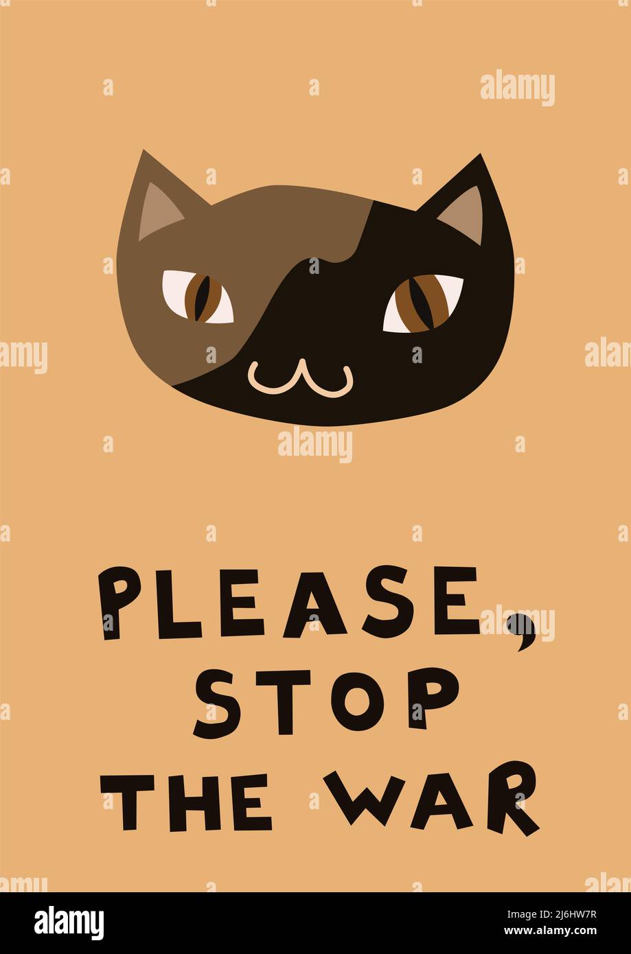 illustration of cartoon cat near please stop the war lettering on ...