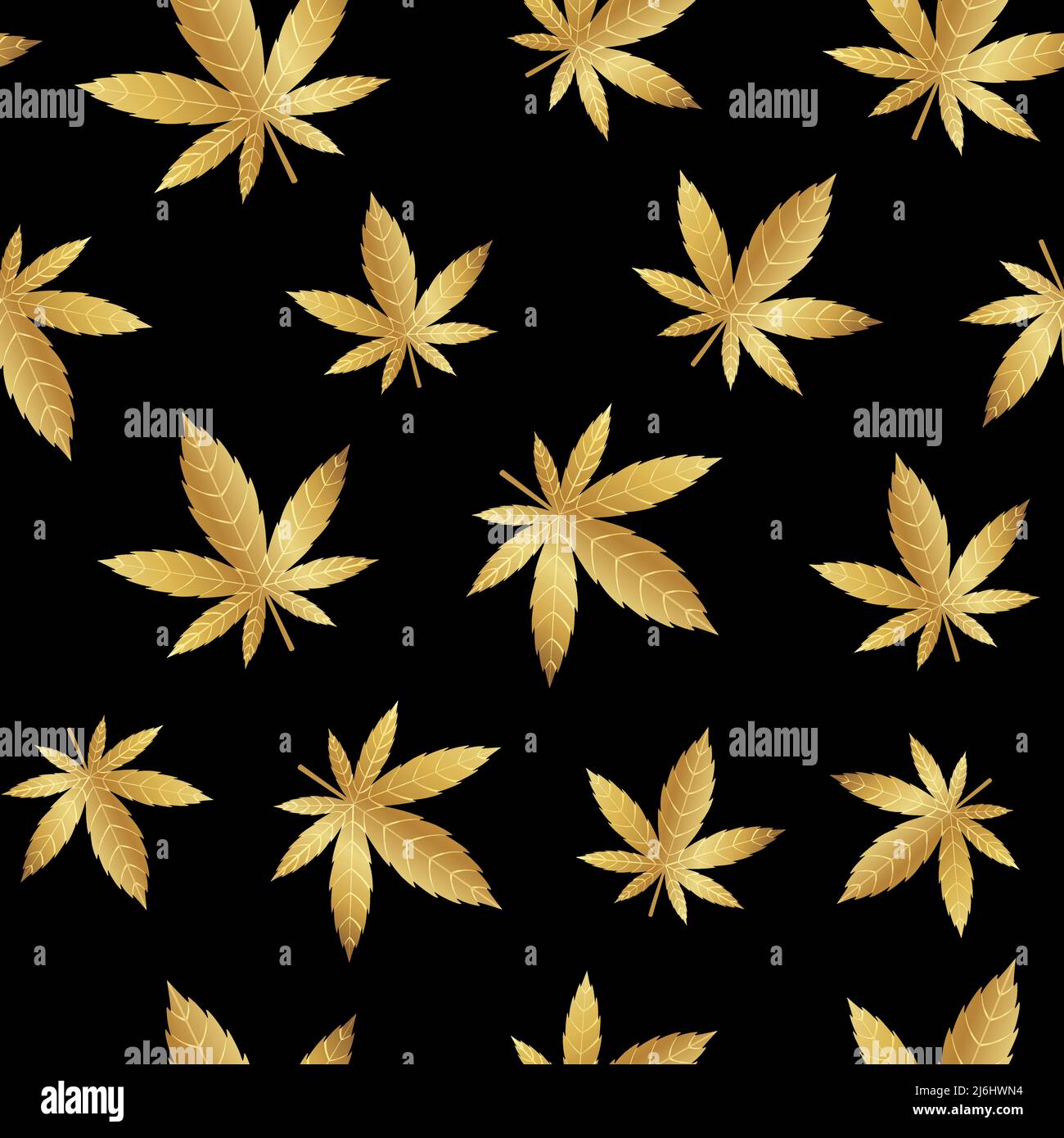Golden cannabis leaves seamless pattern on black background. Vector ...