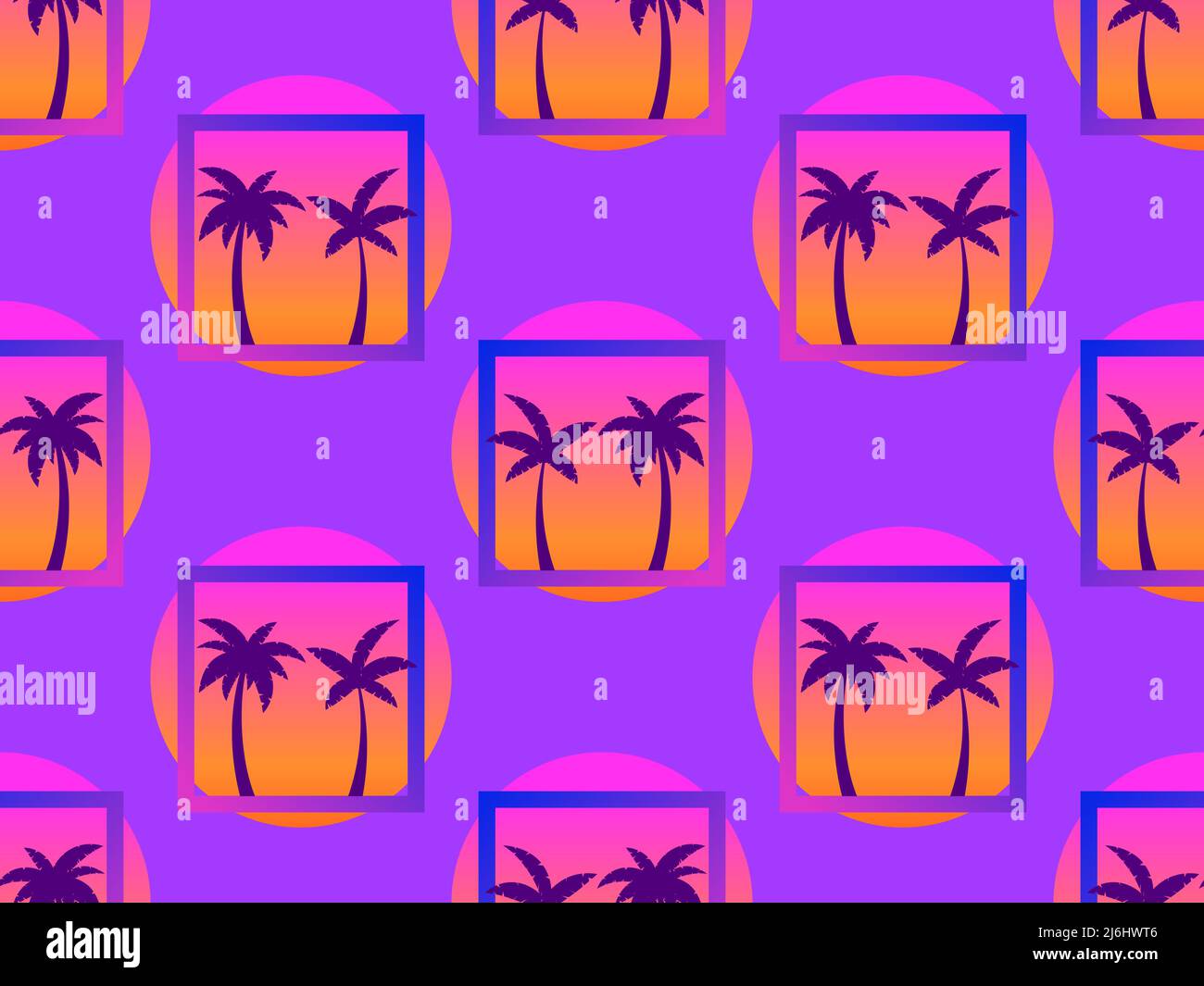 80s palm trees at sunset seamless pattern. Summer time. Retro ...