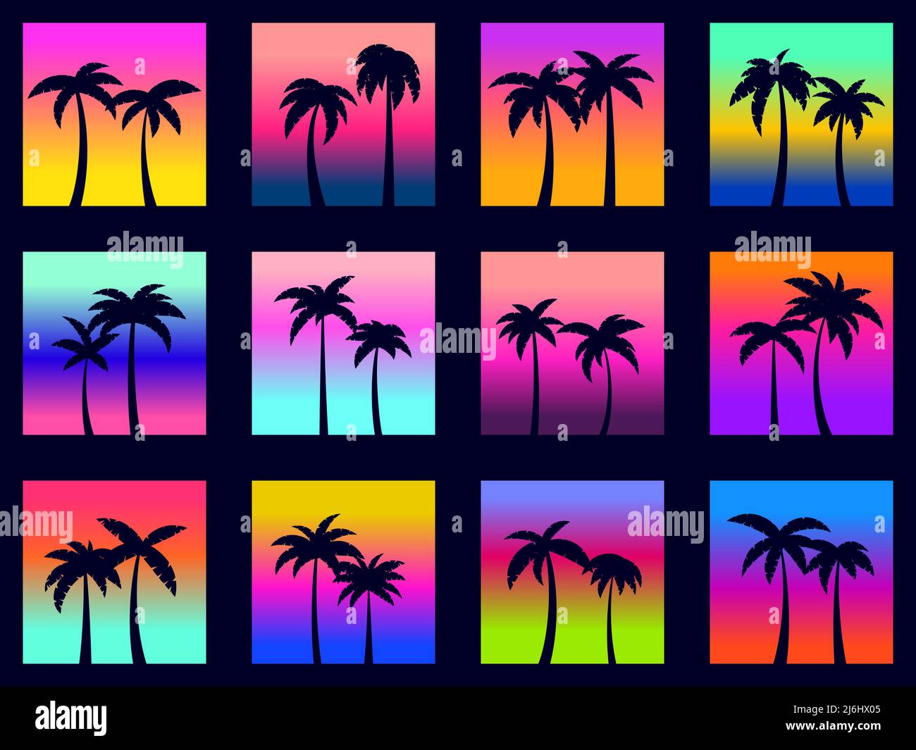 Collection of palm trees on a gradient background. Two palm trees ...