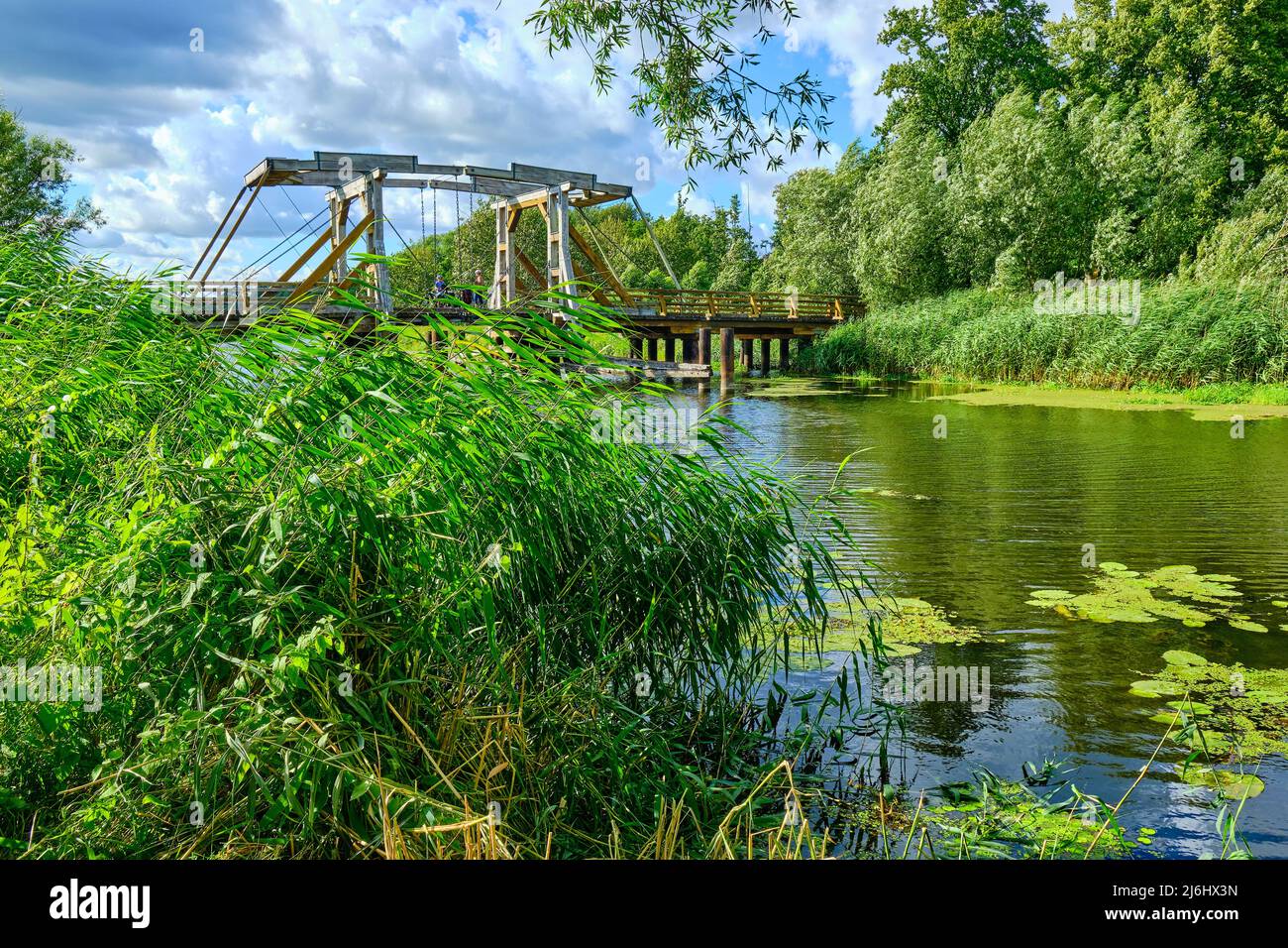 Listed wooden bascule bridge spanning the Trebel near Nehringen ...