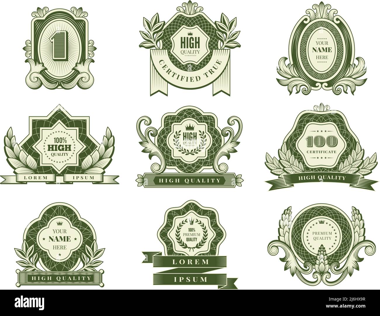 Money templates. Vintage design labels with green decorative botanical ...