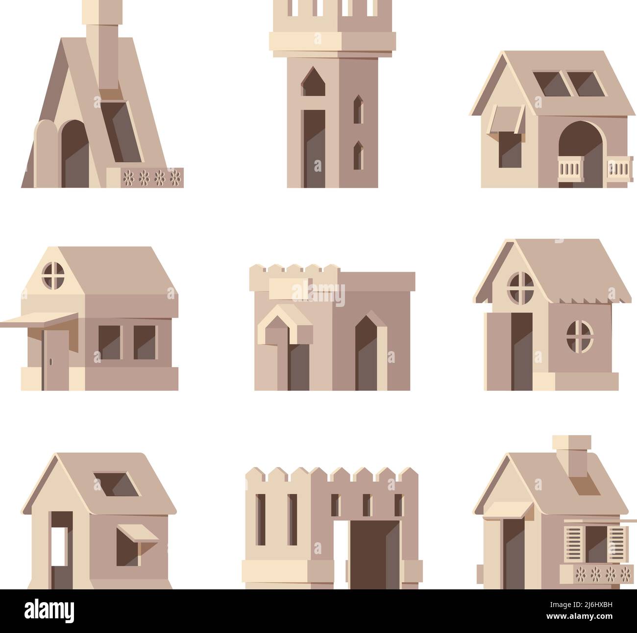 Box for kids. Cardboard buildings castles and houses garish vector ...