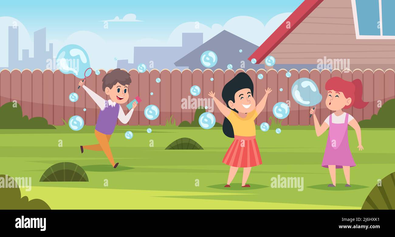 Kids playing with foam. Happy little people in action poses ...