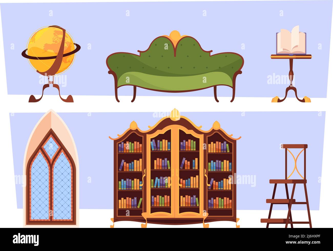 Library furniture. Old wooden vintage book shelves cabinet furniture ...