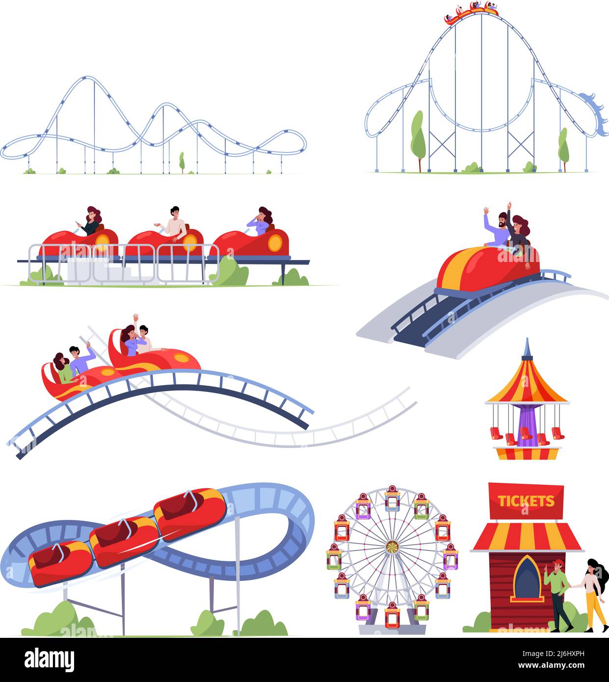 Roller coaster park. Amusement adventure characters have fun in roller ...