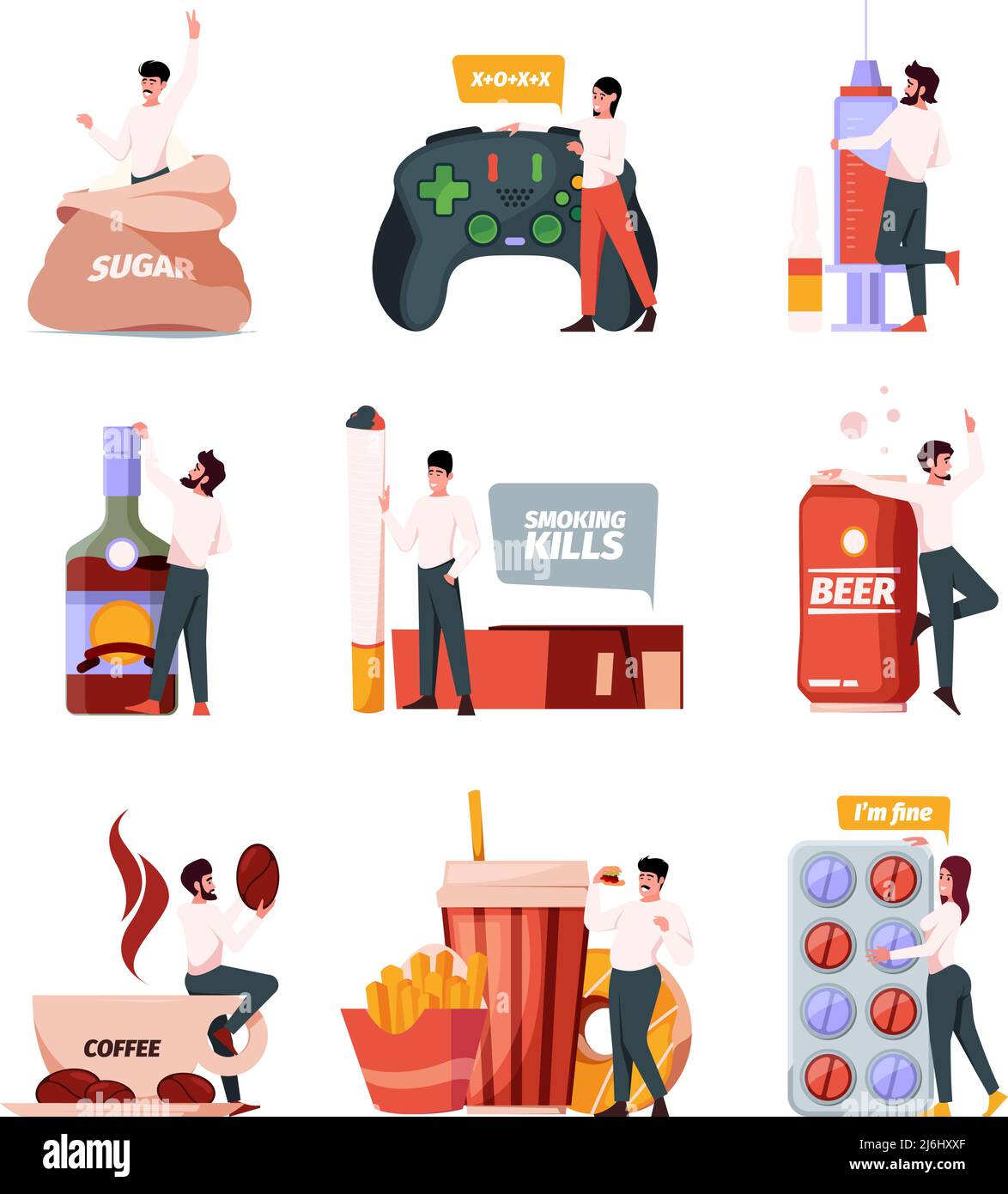 Bad addictions. Distractions habits of male and female characters drugs ...