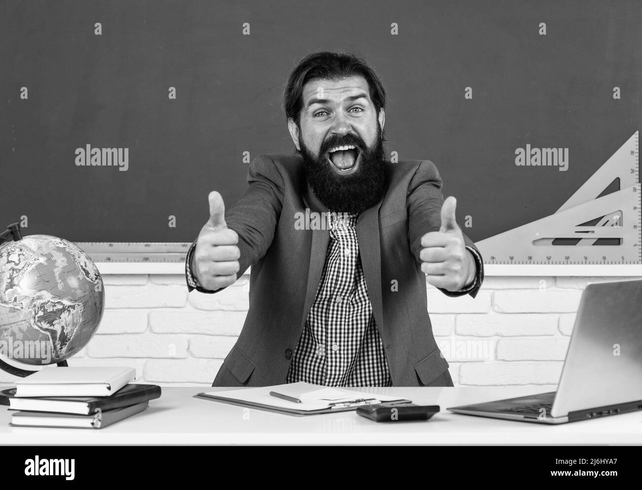 happy man hold thumbs up for success, successful education Stock Photo ...