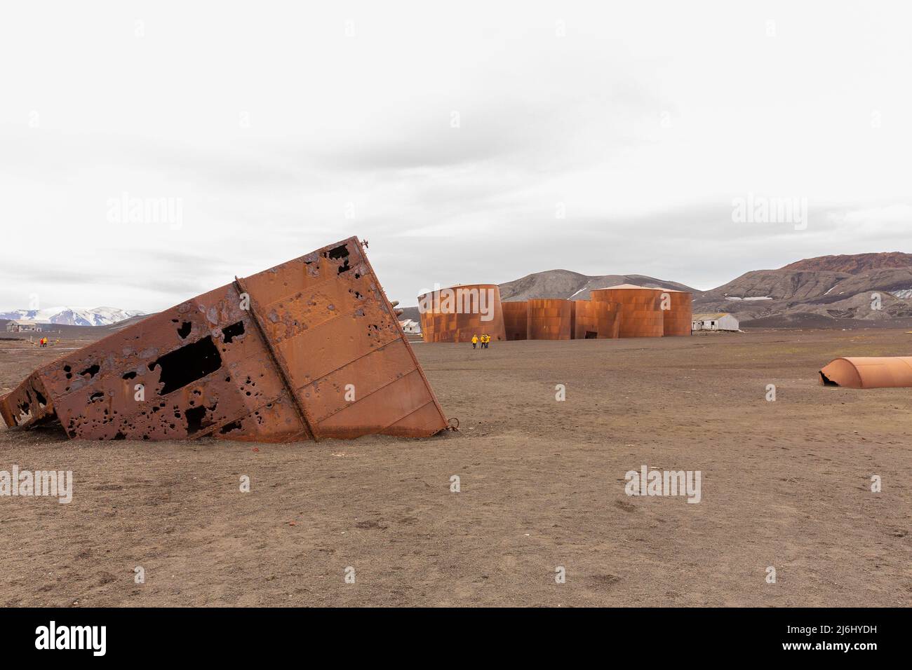 dilapidated buildings of the abandoned whaling and scientific station ...