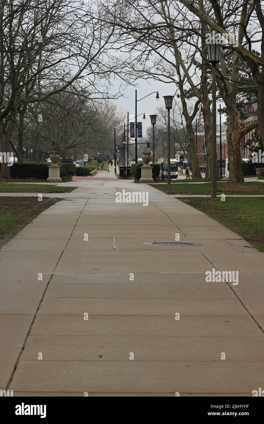 Concrete walking path leading thru the UIUC college campus on a ...