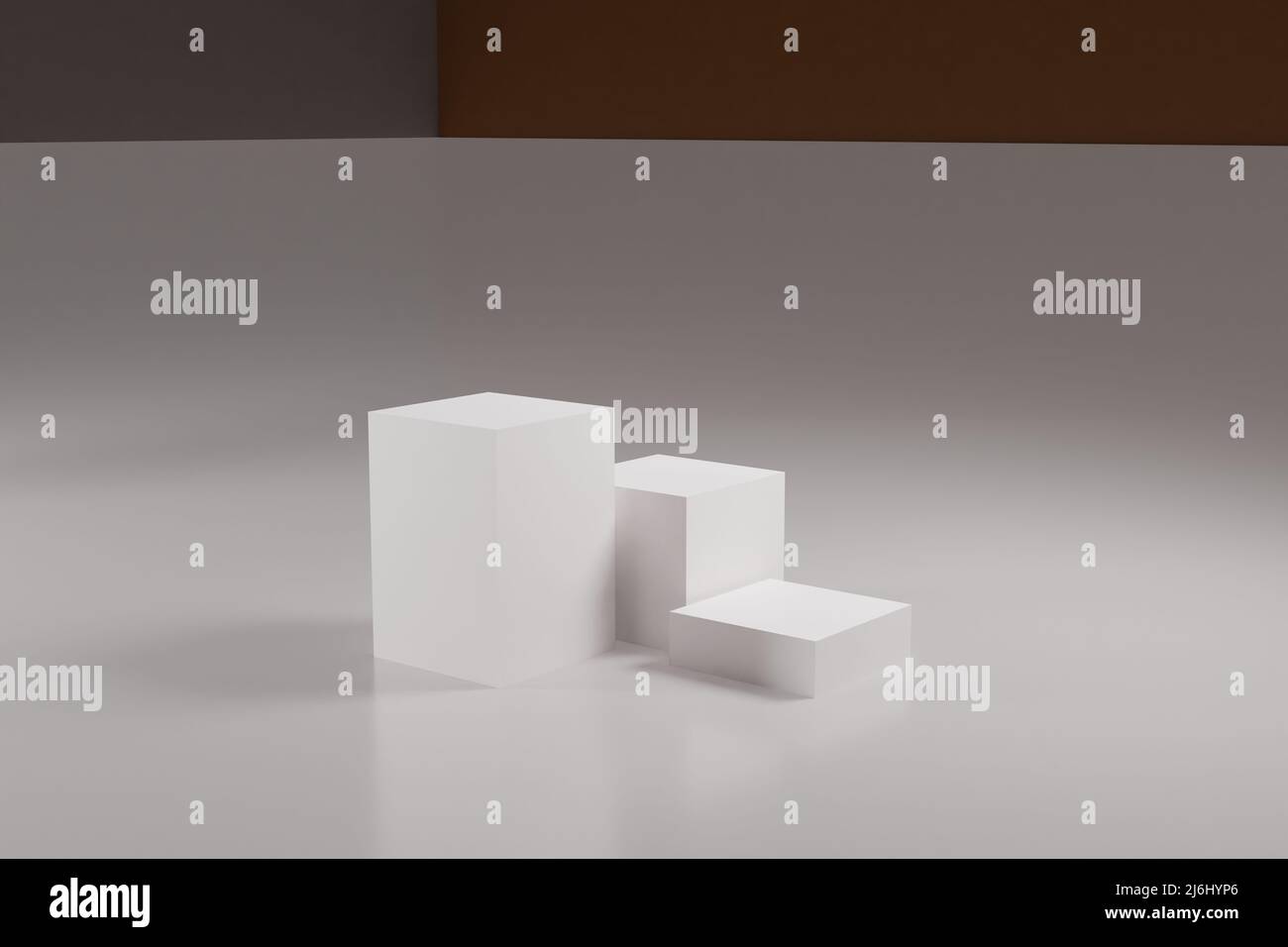 3d illustration three white cube podium for product display. scene with ...
