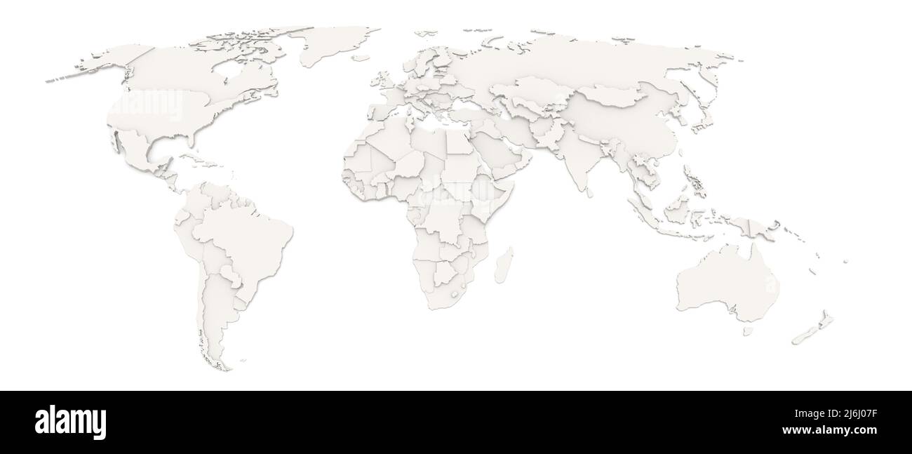 3D world map relief with various height of the countries in white color ...