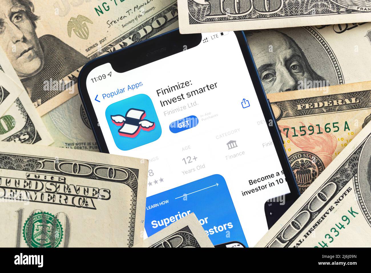 Poltava, Ukraine - April 28, 2022: Finimize Invest app on mobile phone ...