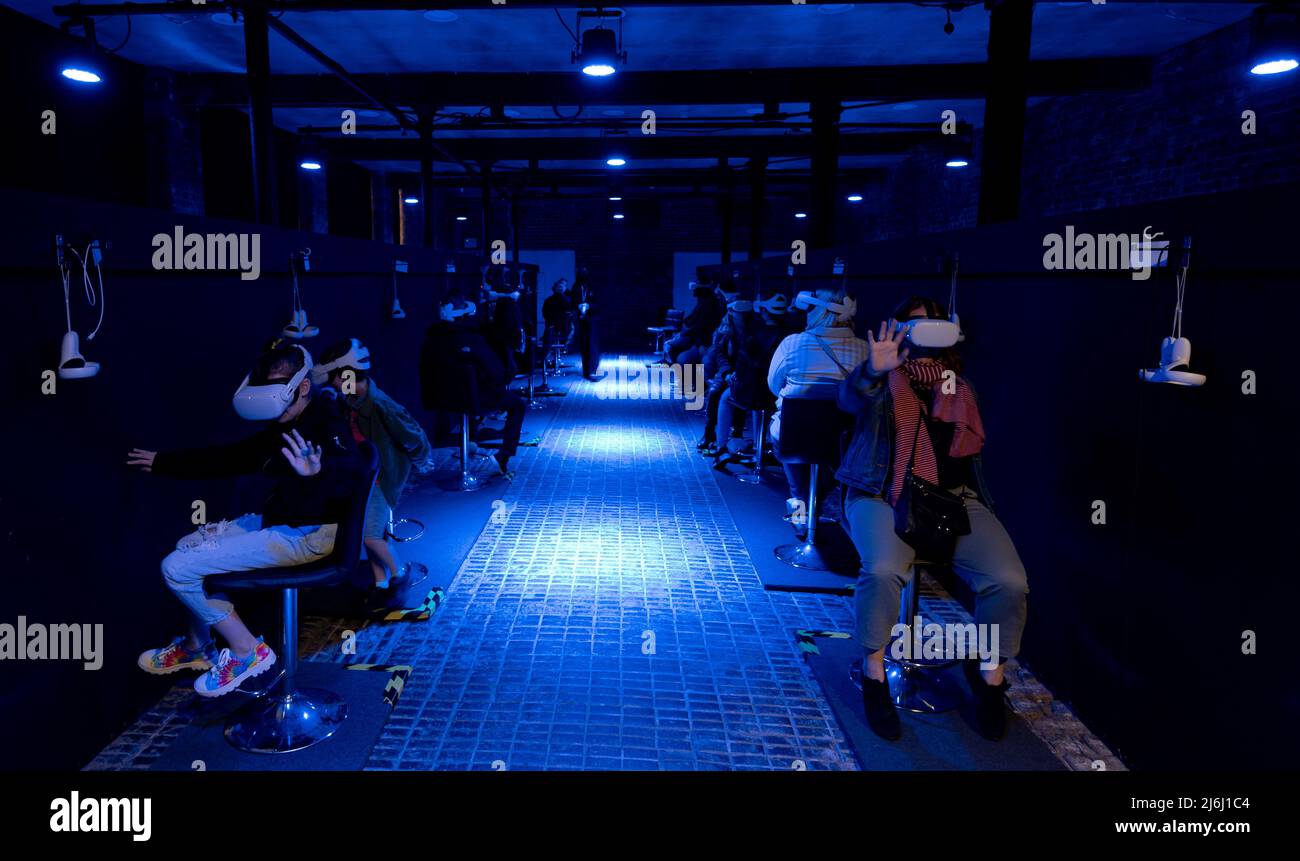 London, UK. 30 Apr 2022. Virtual Reality tour. Visitors wearing VR ...