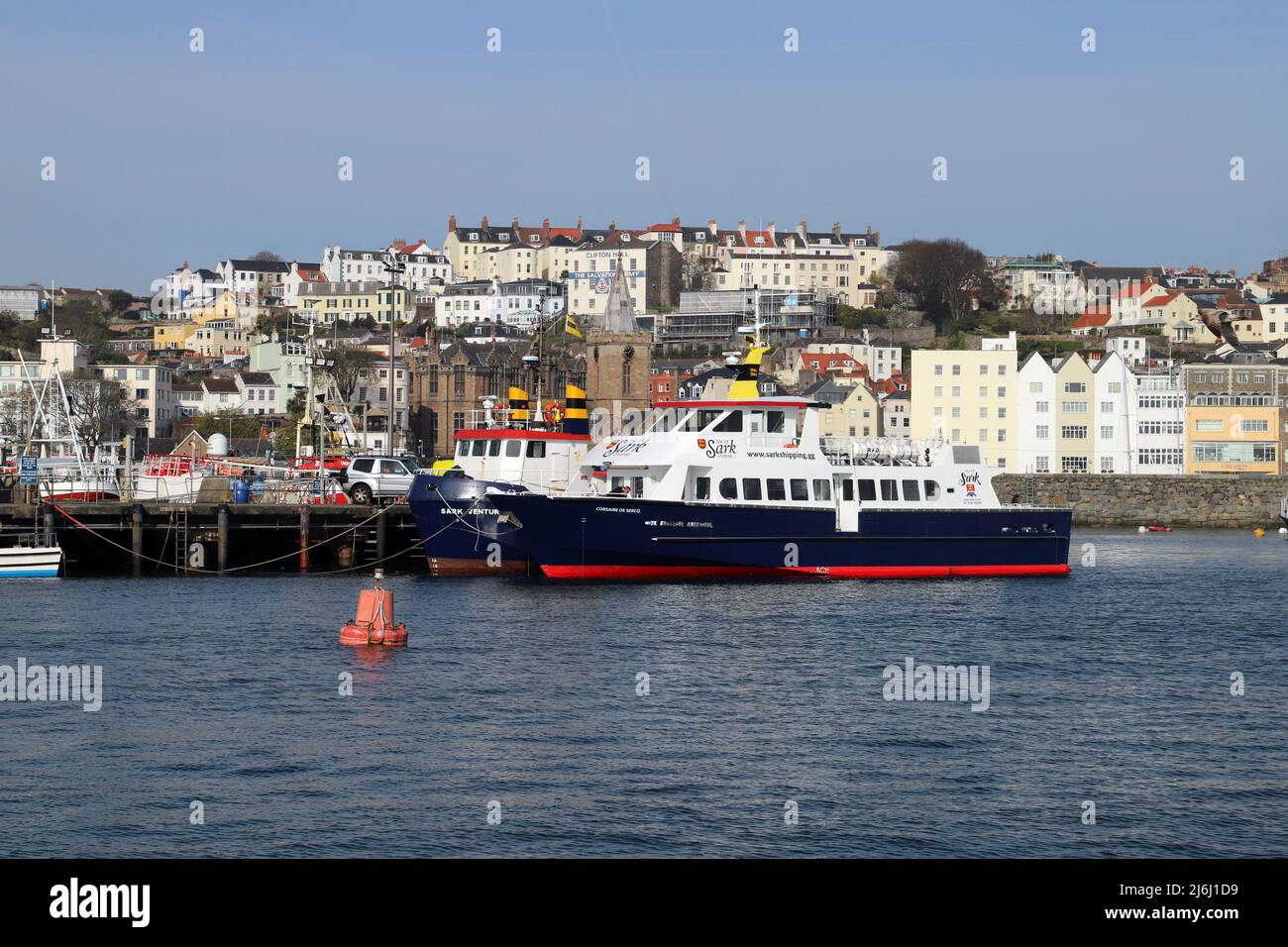 Sark Venture and Corsaire de Sercq passenger ferries moored in St Peter ...