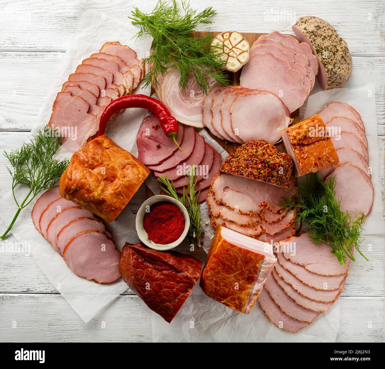 Different Meat snack plate smoked top view pork bacom ham Stock Photo ...