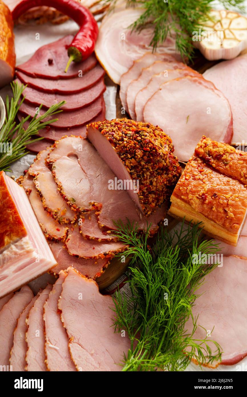 Meat platter snack plate smoked top view Stock Photo - Alamy
