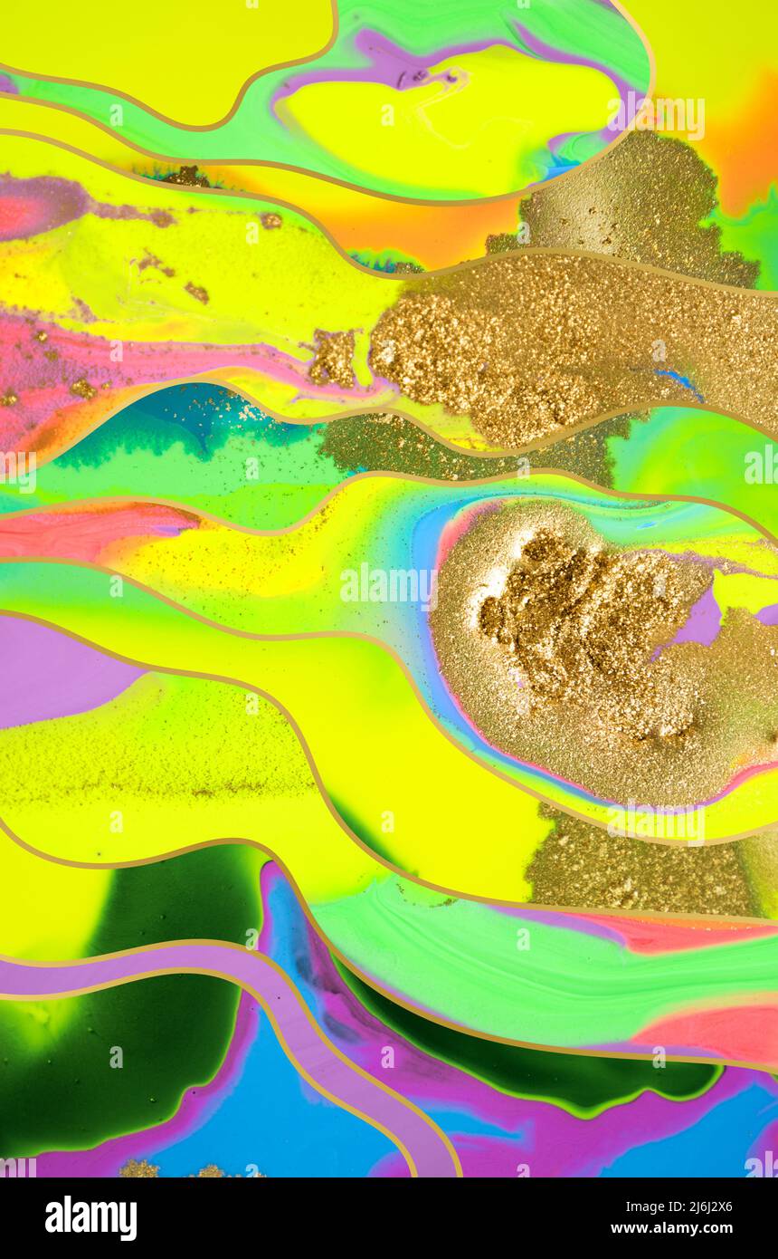 Gold dust and waves on fluorescent inks background Stock Photo - Alamy