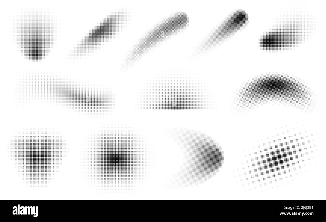 Halftone dots shapes. Fade black dot design elements. Trendy geometric ...