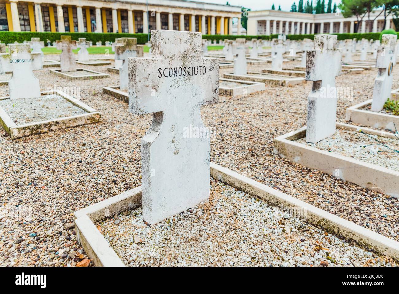 Equal anonymous graves dedicated, in Italian, to the unknown soldier in ...