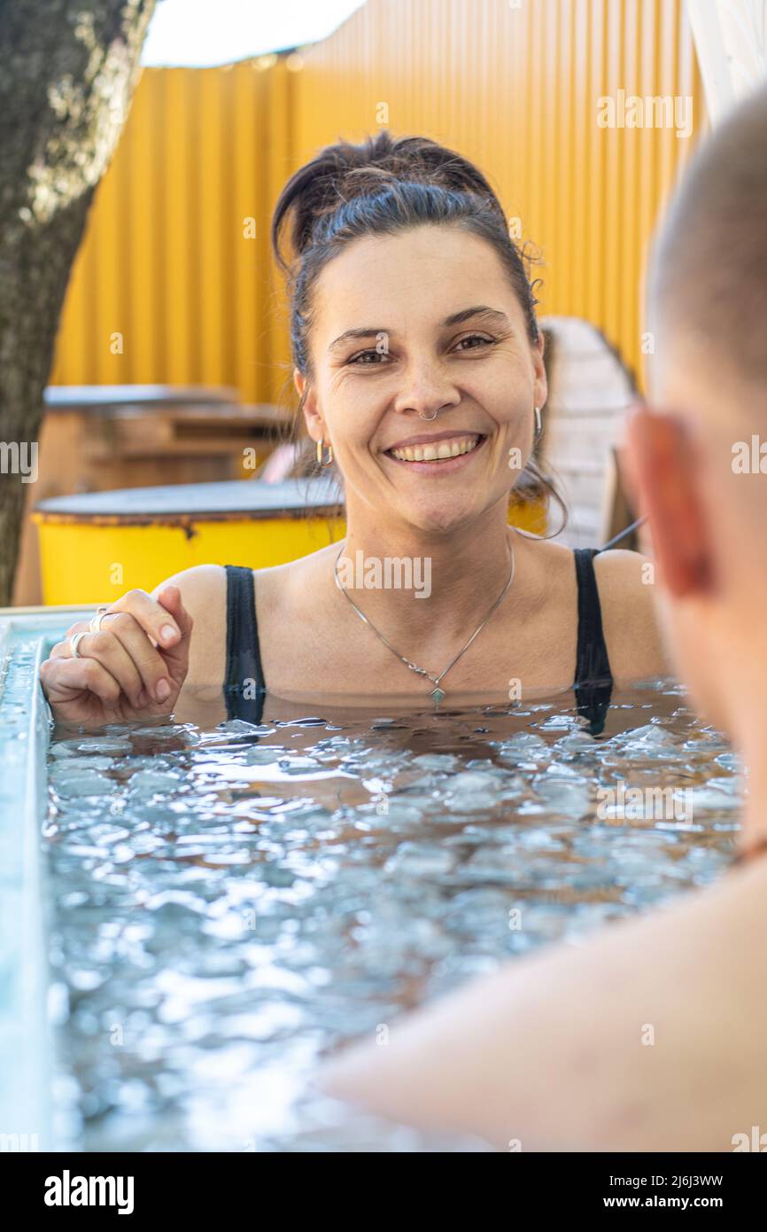 Couple Bathing In The Cold Water Among Ice Cubes Wim Hof Method Cold Therapy Breathing