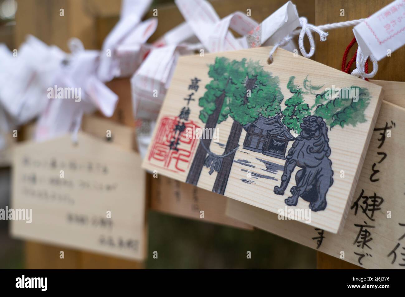 Ema Prayer tablet showing cedar trees at Takachiho Shrine, Shinto ...