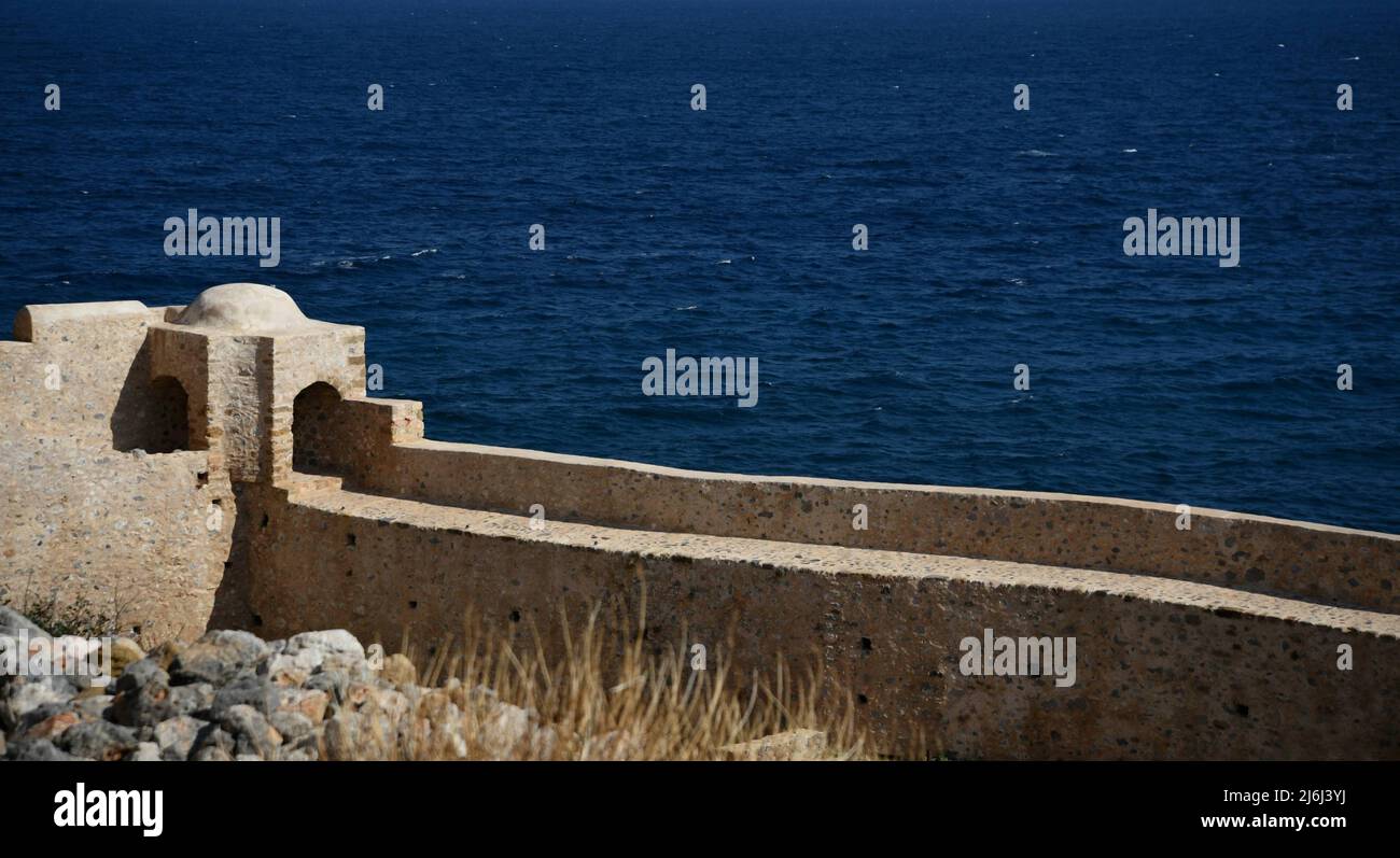 Ancient fortifications overlooking the Myrtoan Sea in the historic town ...